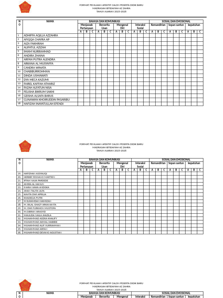 Format Penilaian Afektif PPDB 2025 Fix | PDF