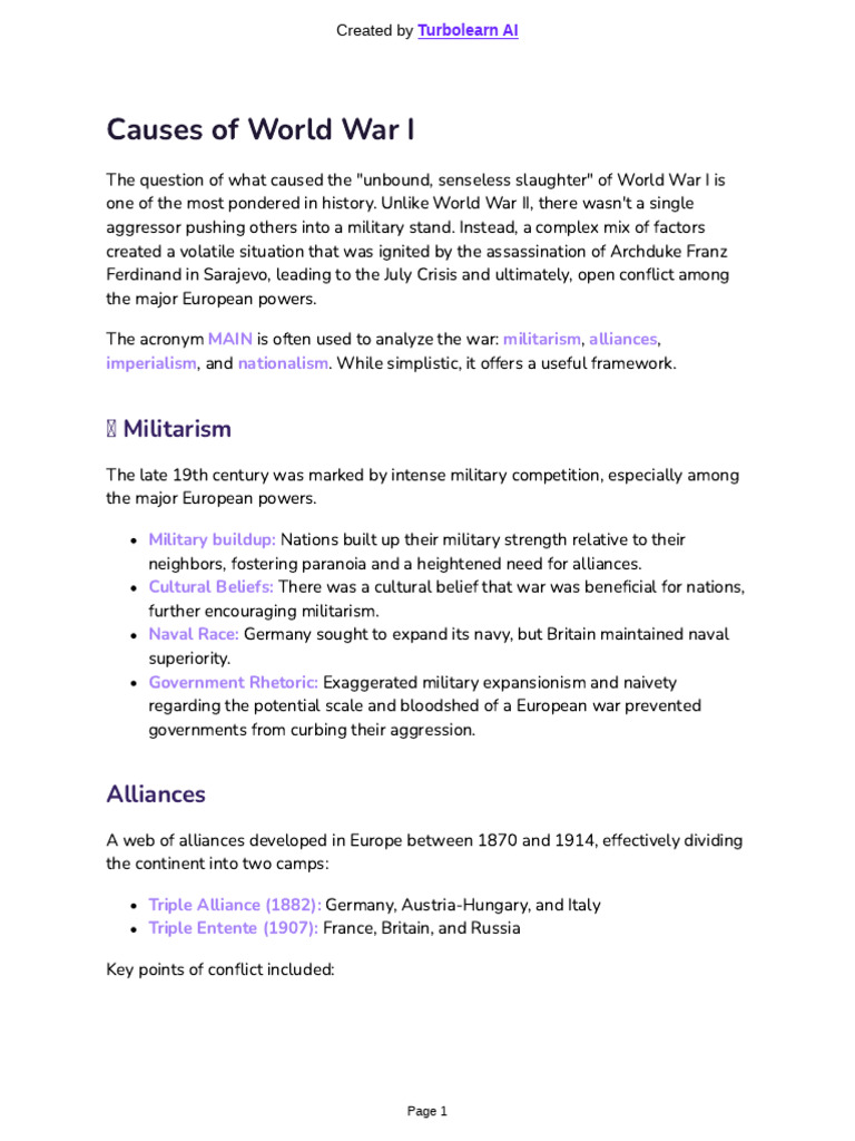The 4 M-A-I-N Causes of World War One in 6 Minutes | PDF | German ...