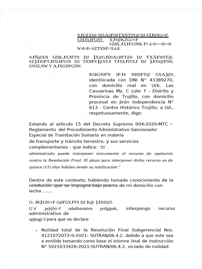 PDF Modelo Recurso Apelacion Contra Resolucion Final Por Papeleta Infraccion de Transito | PDF ...