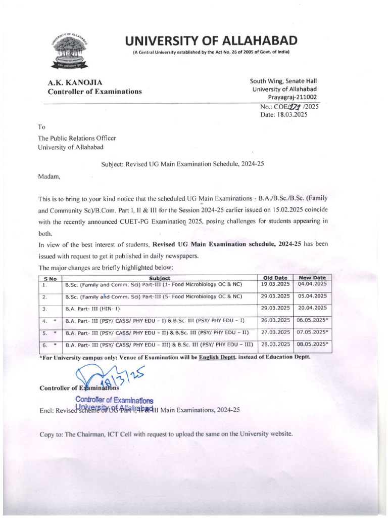 Revised UG Main Exam Schedule, 2024-25 - Compressed | PDF