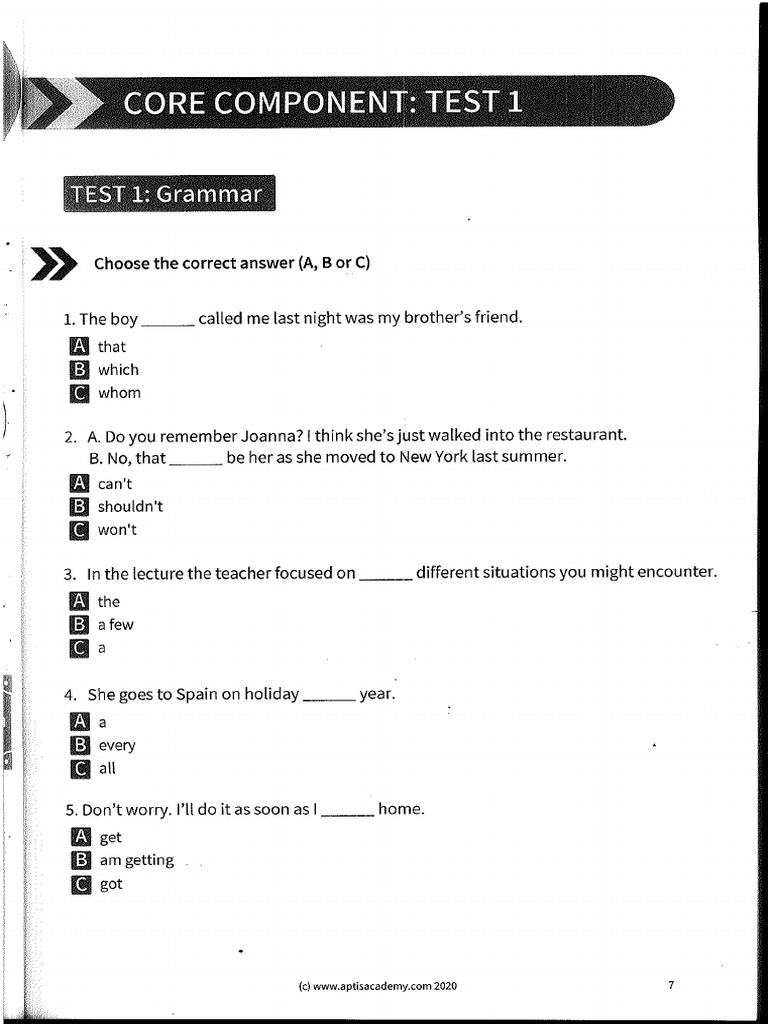 Aptis Complete 20 Grammar Test 1 | PDF