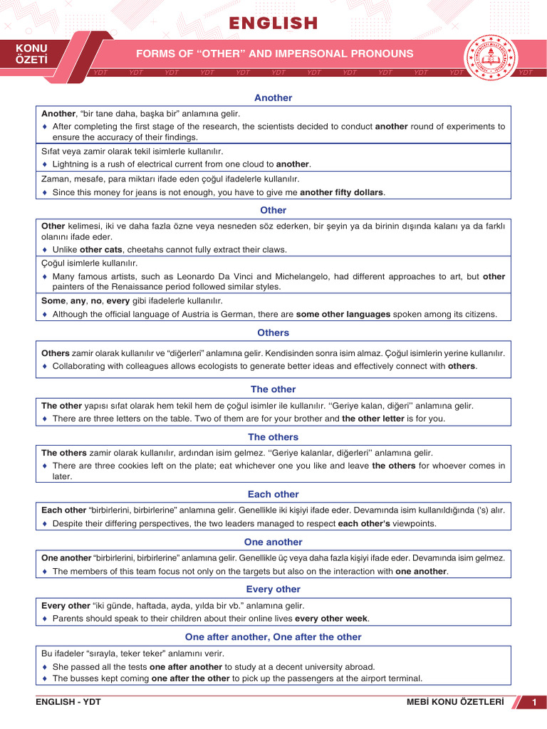 Another: Forms of "Other" and Impersonal Pronouns Konu Özeti | PDF