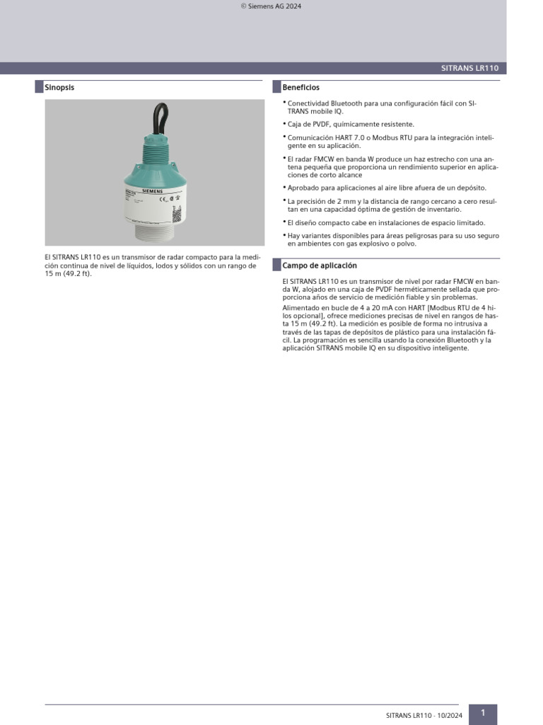 Transmisor de Nivel SITRANS LR110 | PDF | Bluetooth
