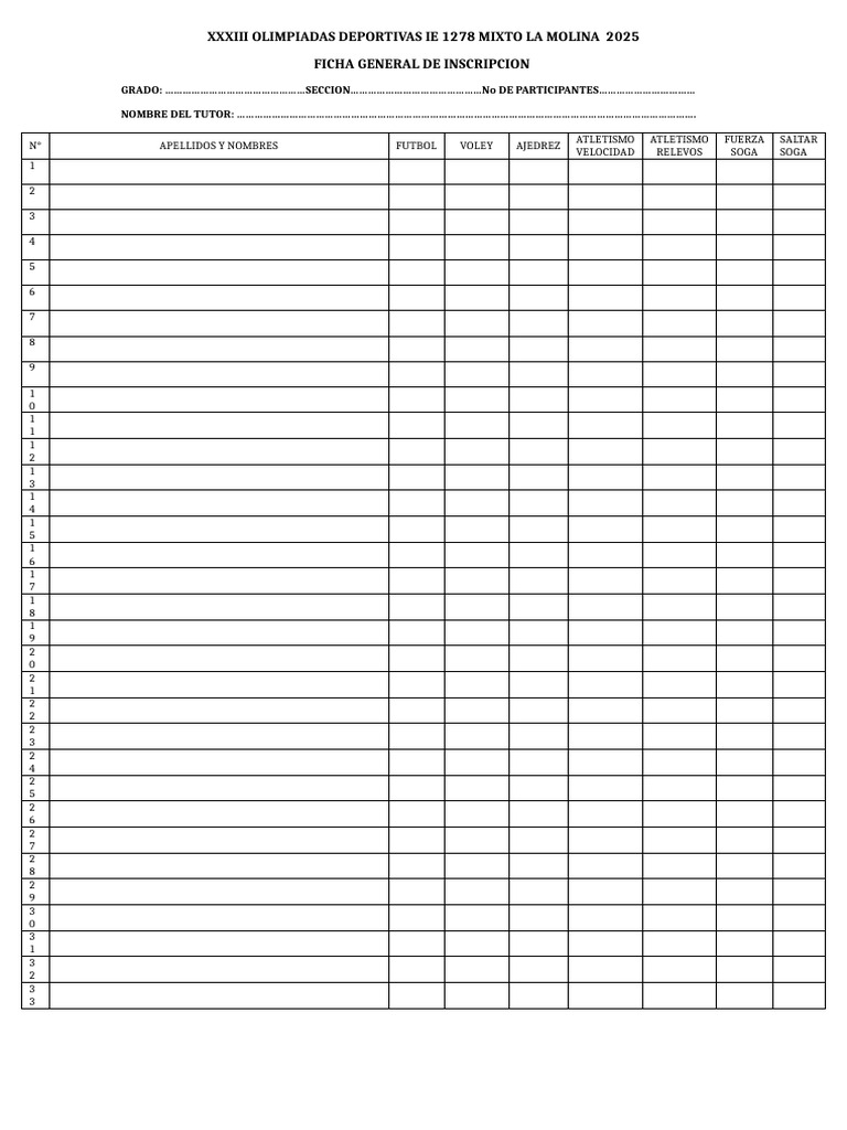 Ficha de Inscripcion Olimpiadas 2025 | PDF