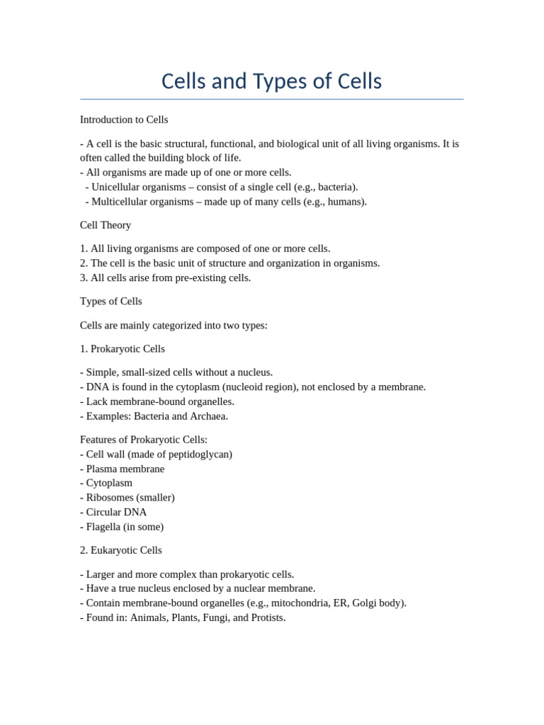 Types and Functions of Cells Explained | PDF | Cell (Biology) | Eukaryotes