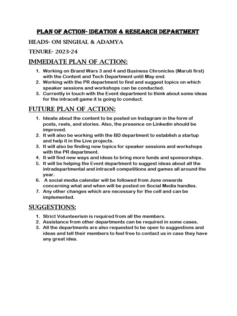 Plan of Action - Ideation and Research Department | PDF