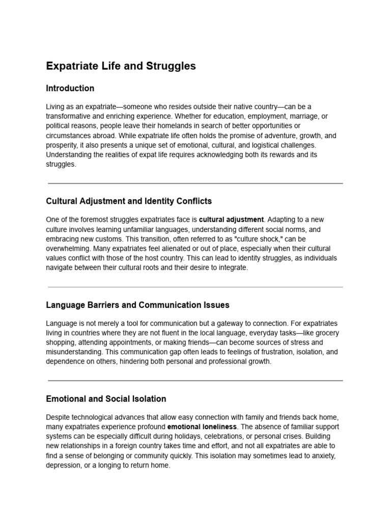 Expatriate Life and Struggles | PDF | Cost Of Living | Psychological ...