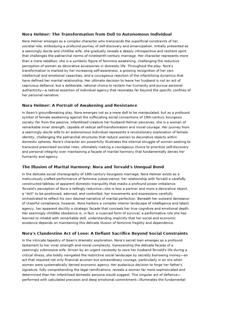 Nora Helmer - The Transformation From Doll To Autonomous Individual ...