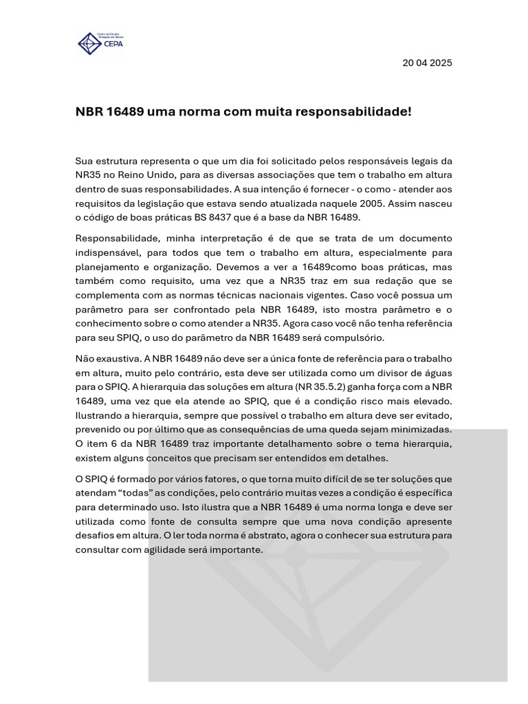 NBR 16489: Normas para Trabalho em Altura | PDF | Conector elétrico