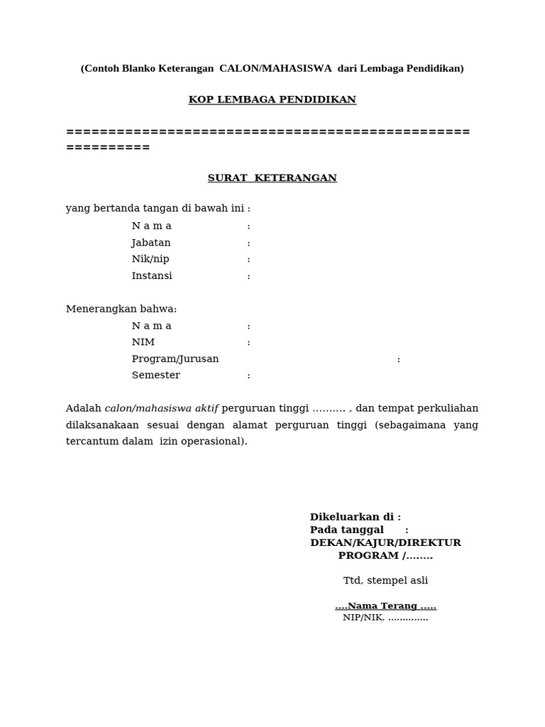 Contoh Blanko Surat Keterangan Mahasiswa | PDF