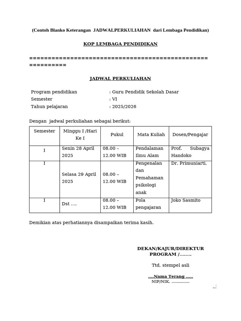 Contoh Blanko Keterangan JADWALPERKULIAHAN Dari Lembaga Pendidikan | PDF