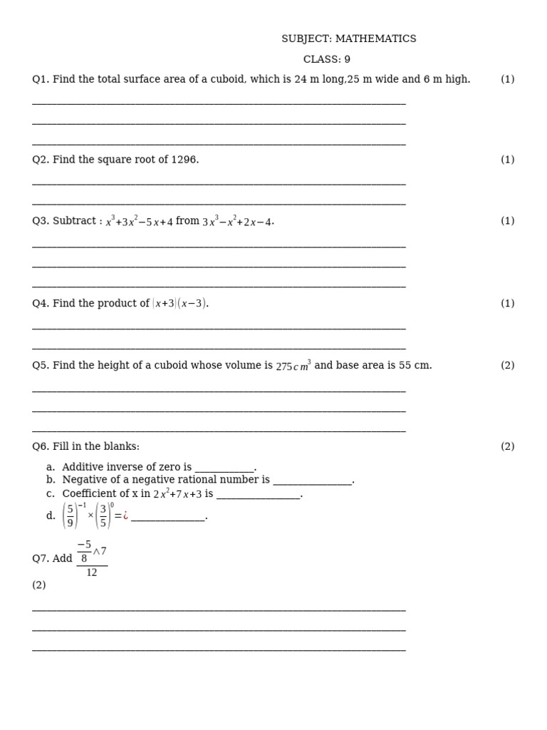 Grade 9 Mathematics Practice Questions | PDF