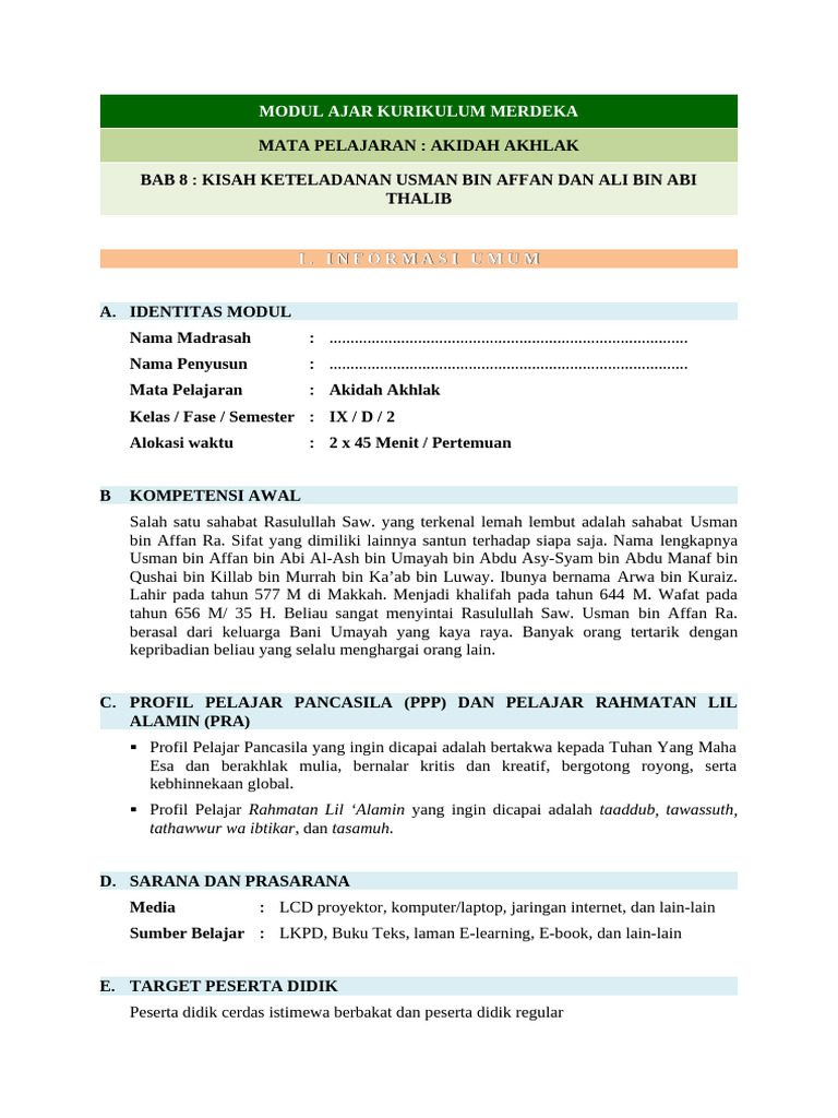 Modul Akidah Akhlak 9 Bab 8 - Kisah Keteladanan Sahabat Usman Bin Affan R.A. Dan Sahabat | PDF