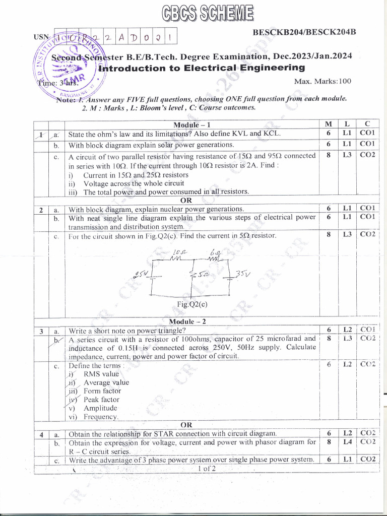 VTU Question Paper of BESCK204B Introduction To Electrical Engineering Jan-Fab-2024 | PDF