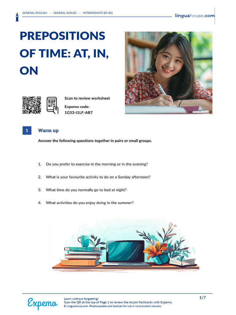 Prepositions of Time at in On British English Teacher B1 B2 | PDF