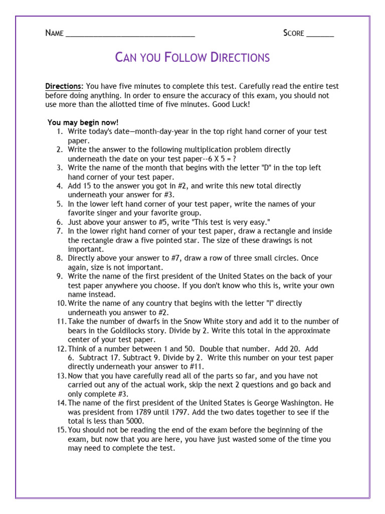 Test Taking Strategies Following Directions Worksheet | PDF
