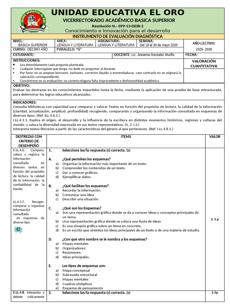 LyL - EVALUACION DIAGNOSTICA 2025-2026 - DÉCIMO-JESSENIA GONZALEZ | PDF | Escritura | Rima