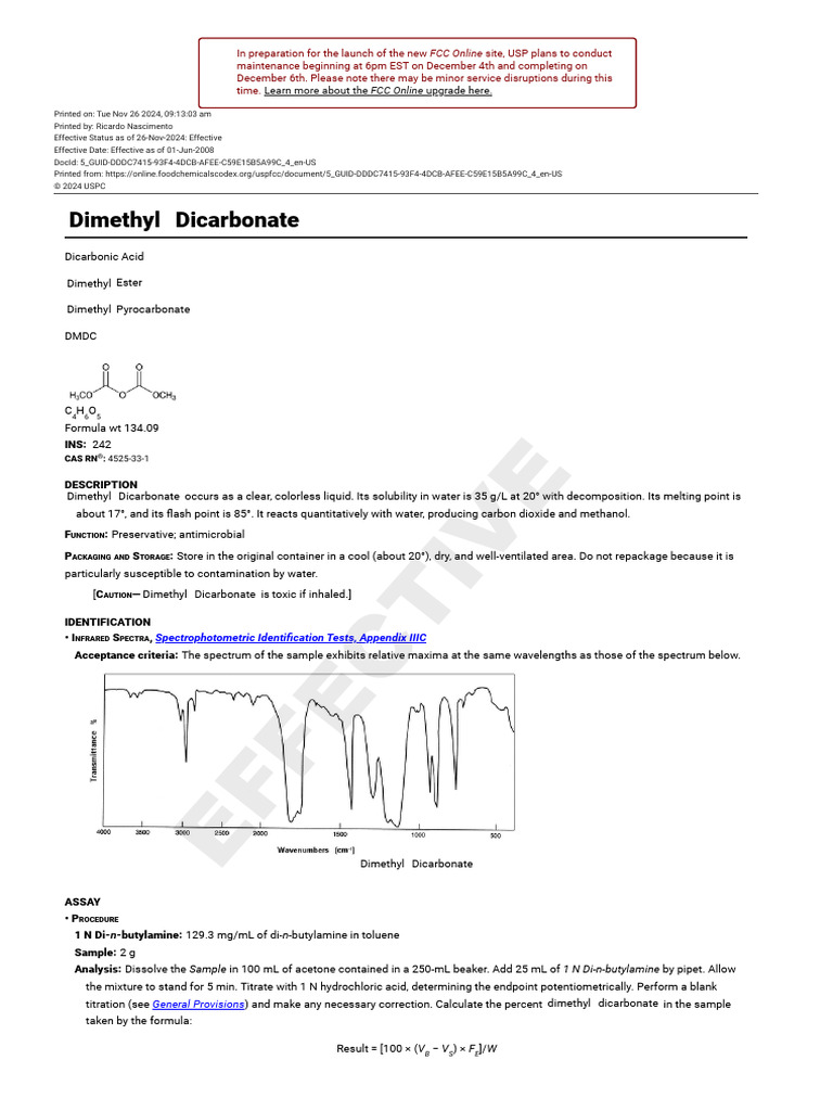 USP-FCC Dimethyl Dicarbonate | PDF | Chemistry | Chemical Substances