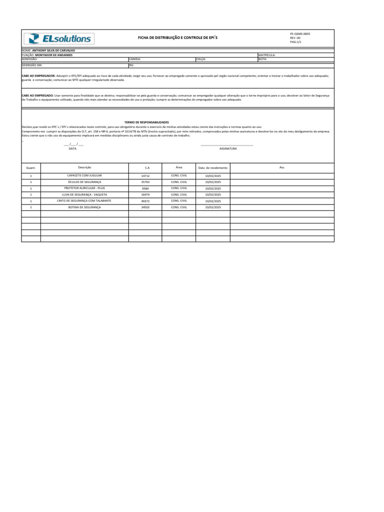 Ficha de EPI - ANTHONY | PDF