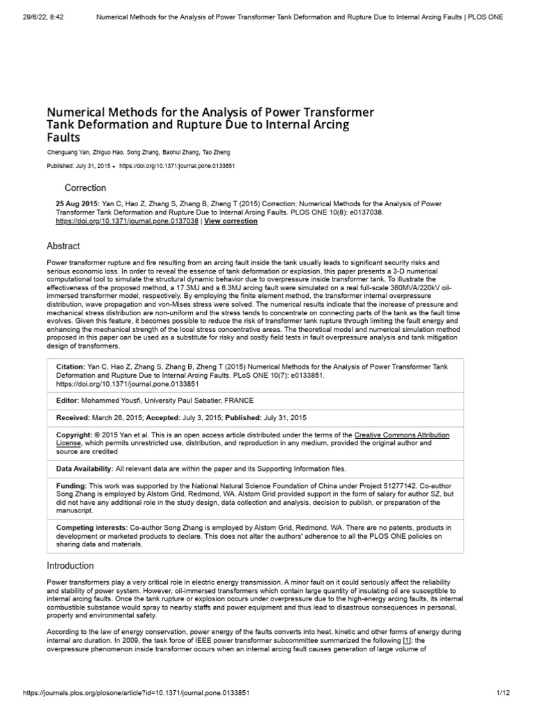 Numerical Methods for the Analysis of Power Transformer Tank Deformation and Rupture Due to ...