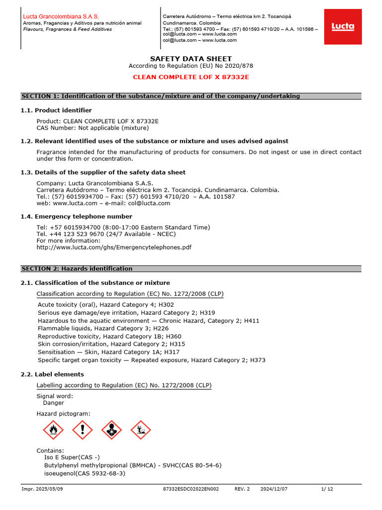 Fds Clean Complete Lof X 87332e English Version | PDF | Toxicity | Dangerous Goods