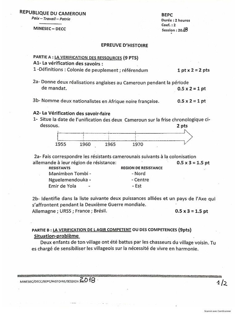 BEPC 2018 - HISTOIRE - Sagrâce P | PDF