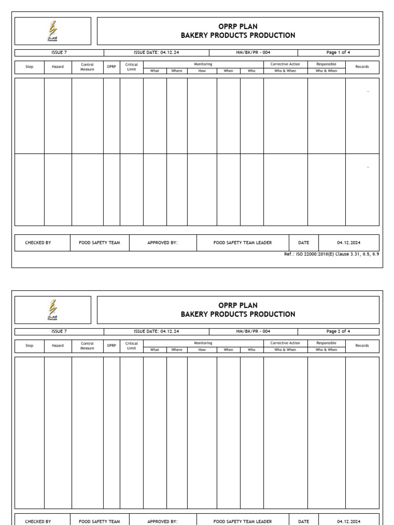 OPRP Plan for Bakery Product Safety | PDF | Food Safety | Warehouse