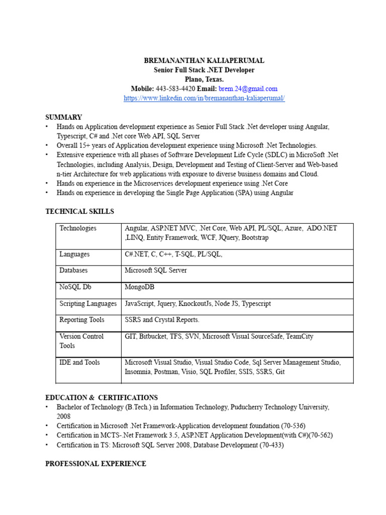 Bremananthan Kaliaperumal-Senior Fullstack .Net Developer | PDF | Microsoft Sql Server ...