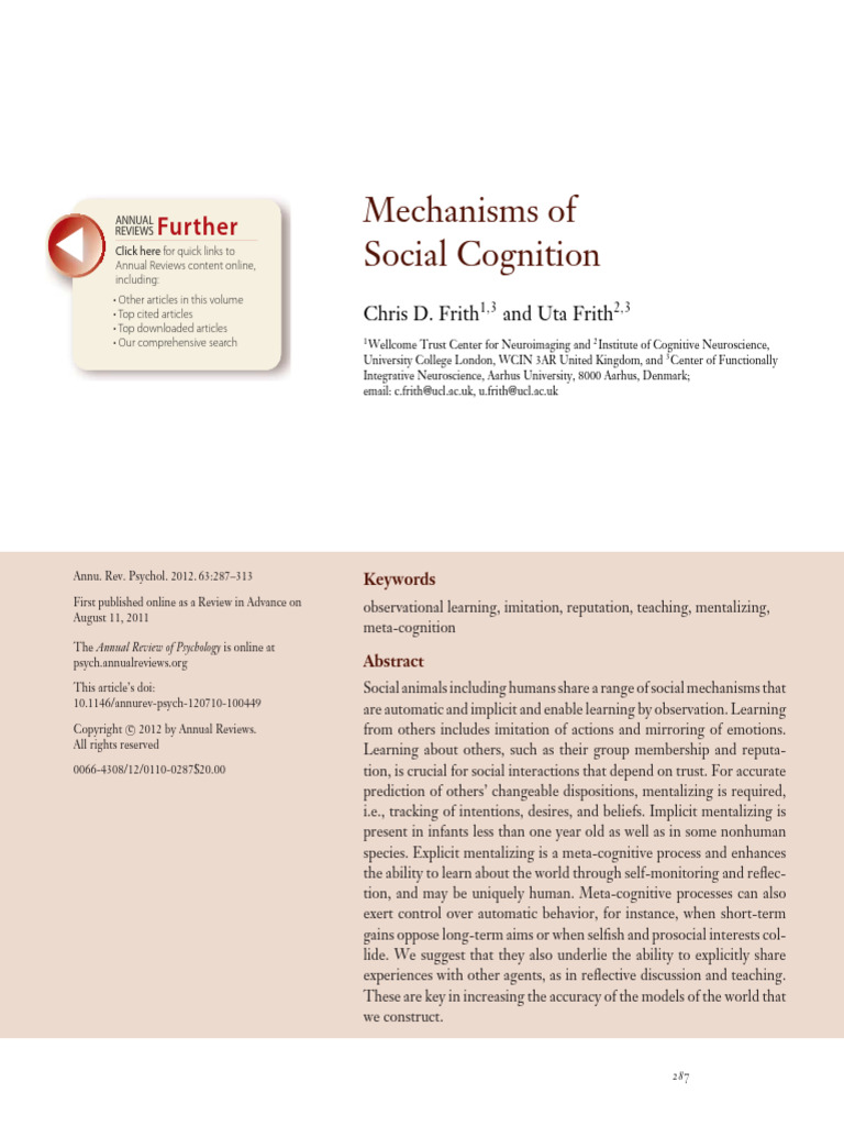 Mechanisms of Social Cognition | PDF | Prefrontal Cortex | Cognition