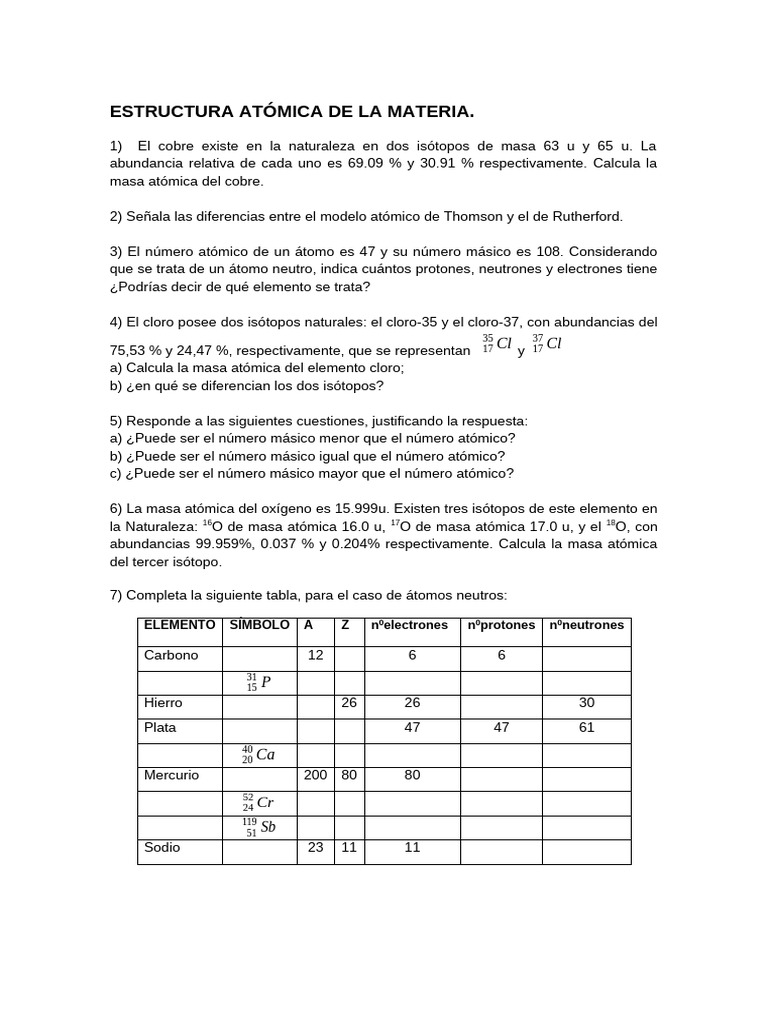 EL Átomo - Ejercicios ATOMOS 3eso | PDF | Isótopo | Cloro