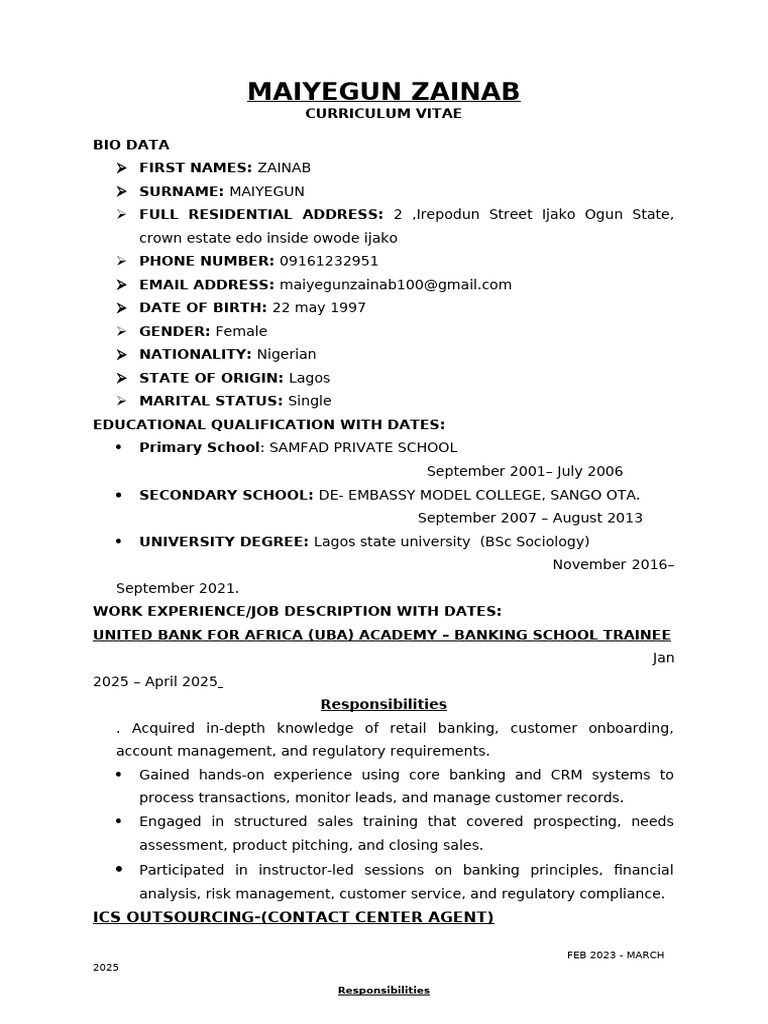 Zainab Maiyegun CV and Qualifications | PDF | Business