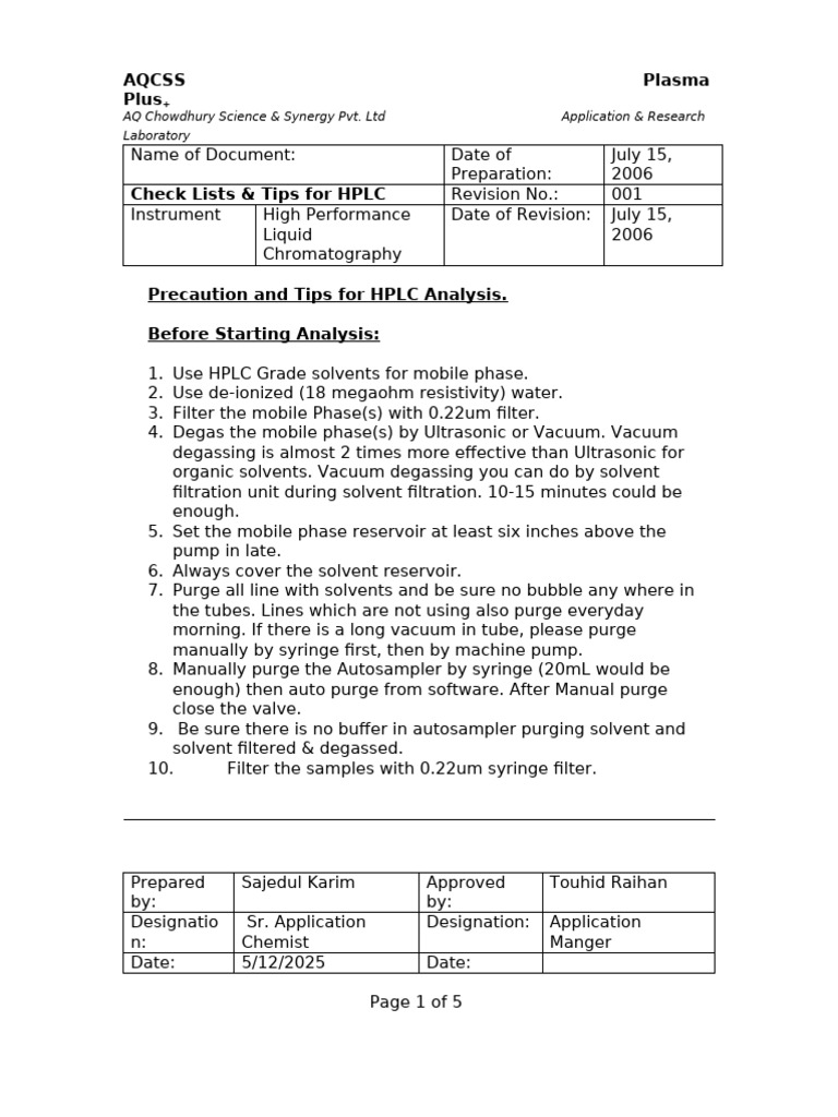 Check List For HPLC Analysis | PDF | High Performance Liquid ...