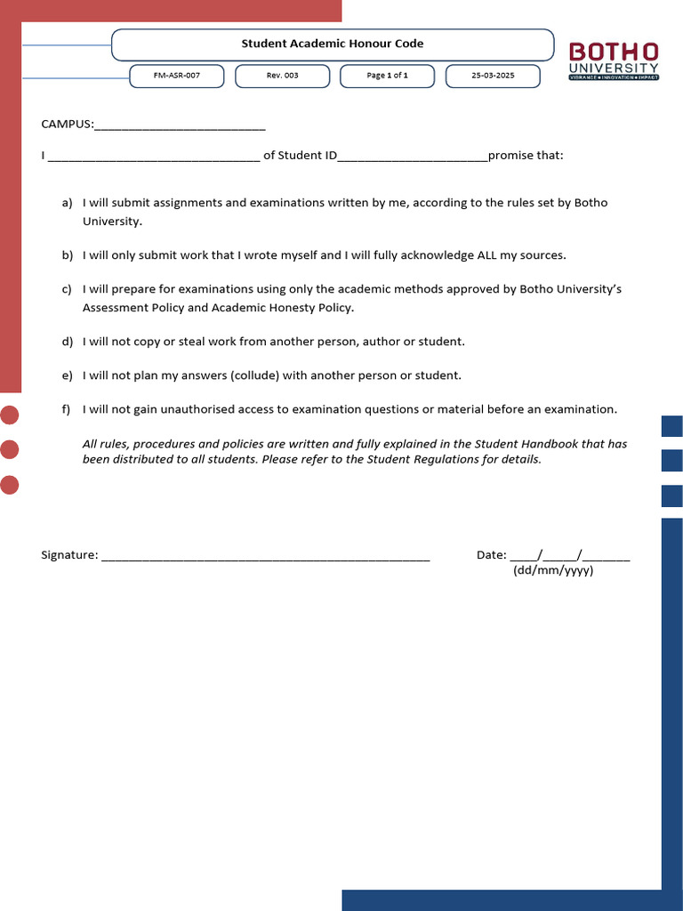 FM-ASR-007 Student Academic Honor Code | PDF