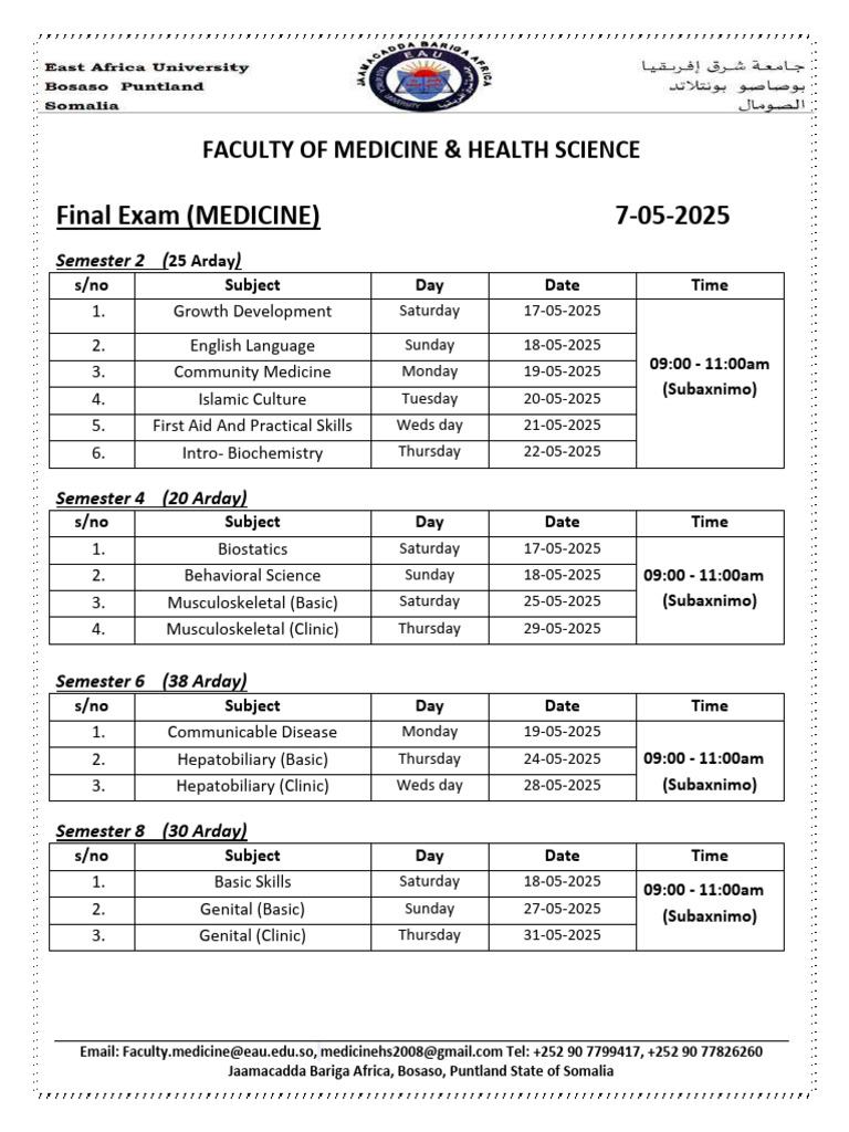 MEDICINE Exam Time Table May 2025 | PDF