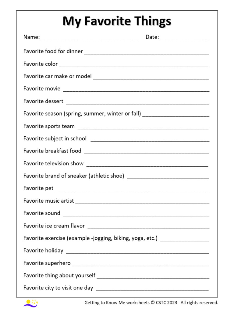 My Favorite Things Worksheet | PDF