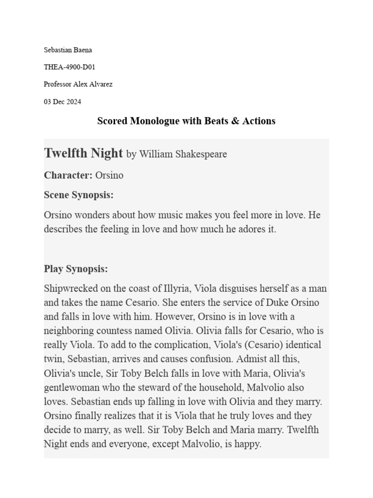 Orsino's Monologue Analysis in Twelfth Night | PDF