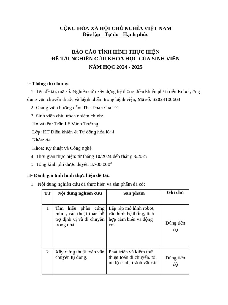 TB Bao Cao Tien Do de Tai NCKH Serbot | PDF