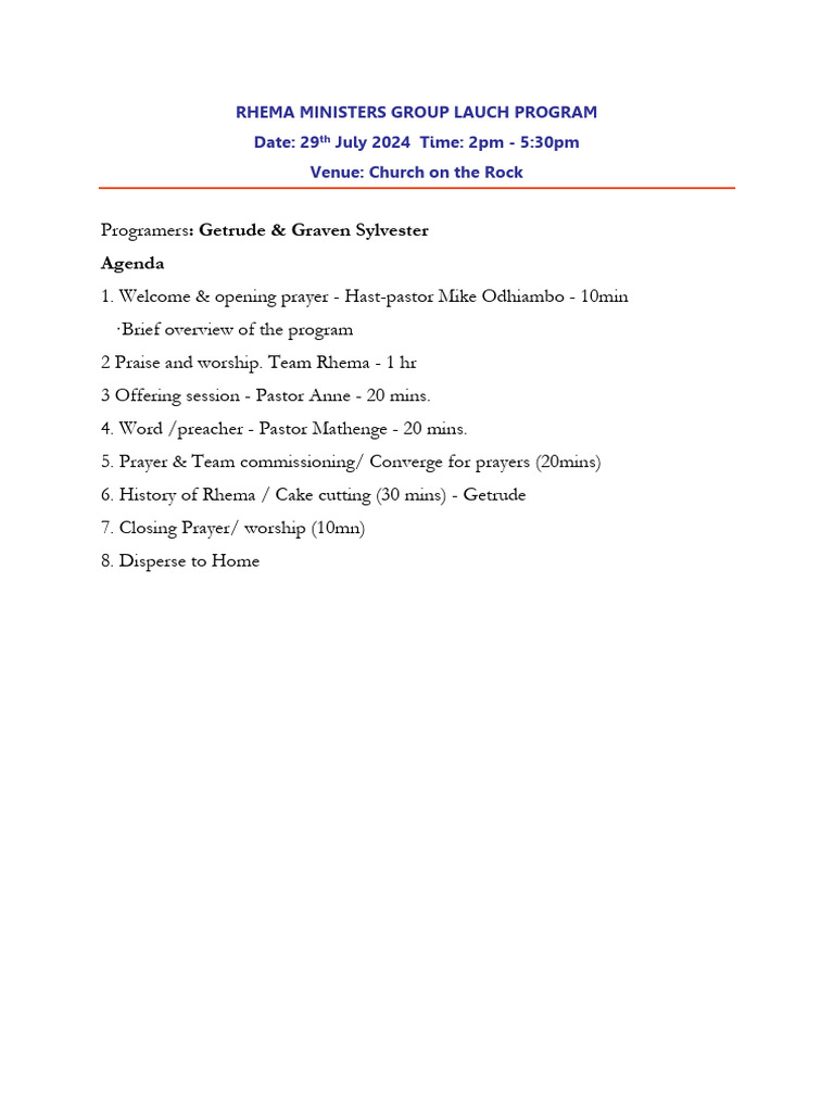 Rhema Ministers Group Lauch Program | PDF