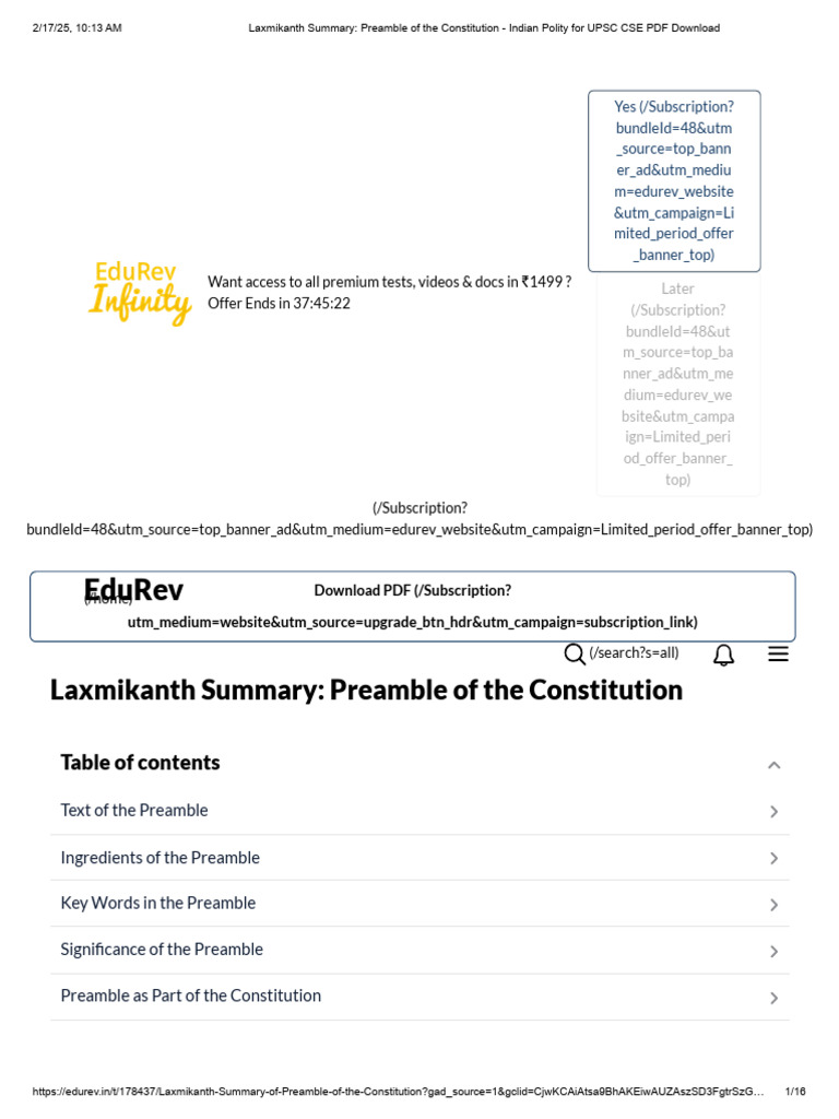 Laxmikanth Summary - Preamble of The Constitution - Indian Polity For ...