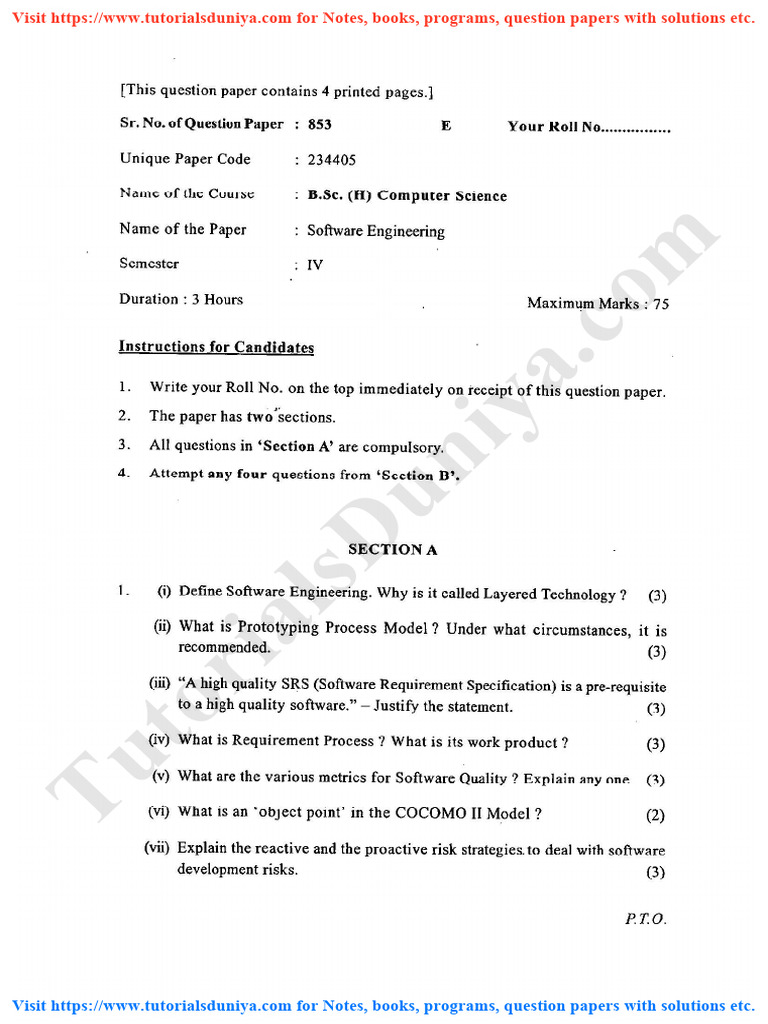 Software Engineering Question Paper 2016 - Tutorialsduniya | PDF