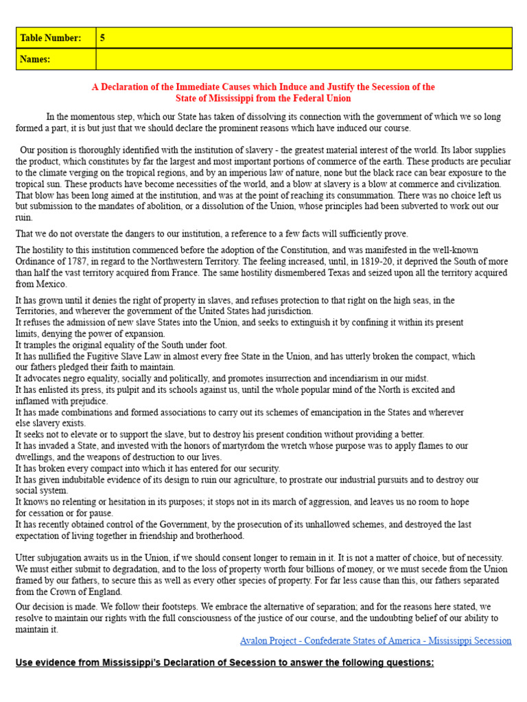 Group AP Mississippi Declaration of Secession Primary Source ...
