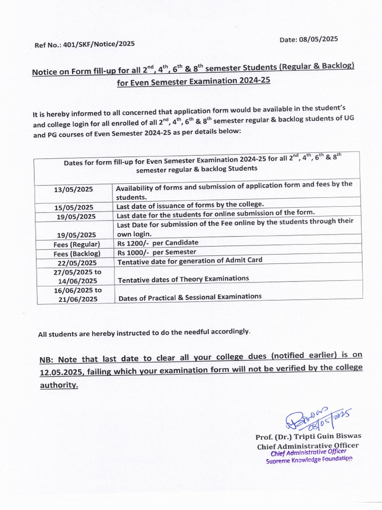 Notice for exam form fillup of Even Semester 2025 (CC-253 & 364) | PDF