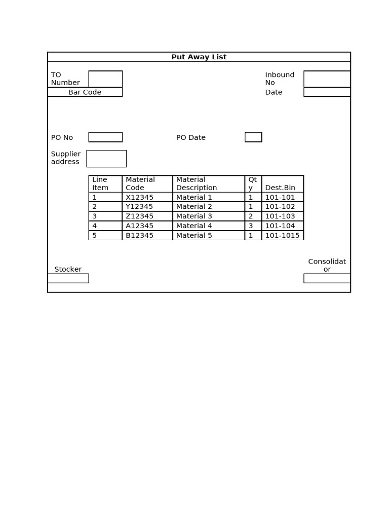 Putaway List Format | PDF