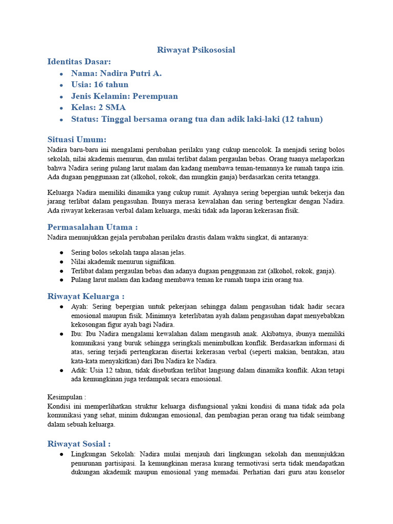 Riwayat Psikososial Nadhira | PDF