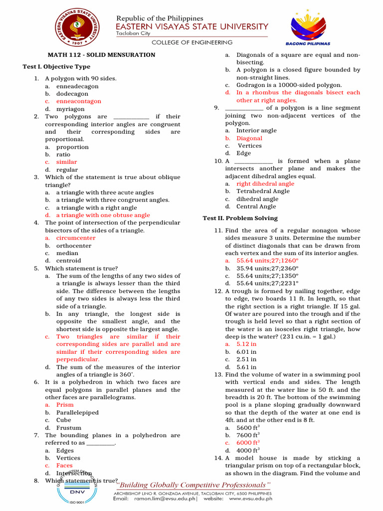 MATH 112 Solid Mensuration Test Guide | PDF | Triangle | Geometric Shapes