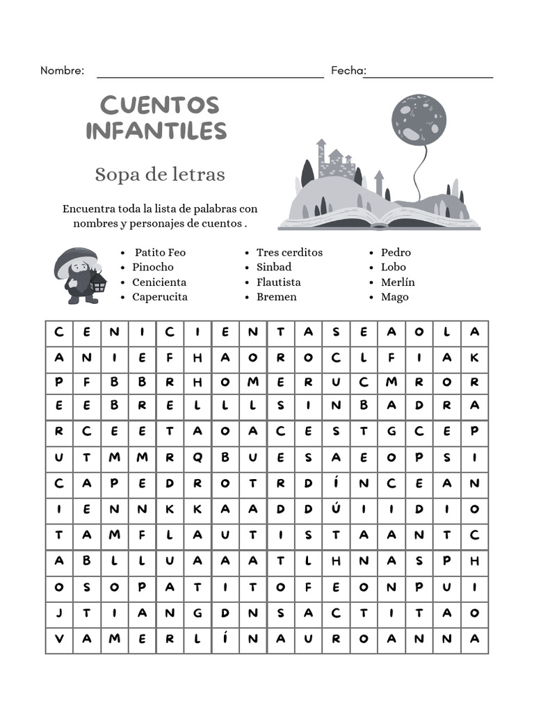 Hoja de Trabajo Sopa de Letras Cuentos Infantiles Blanco | PDF