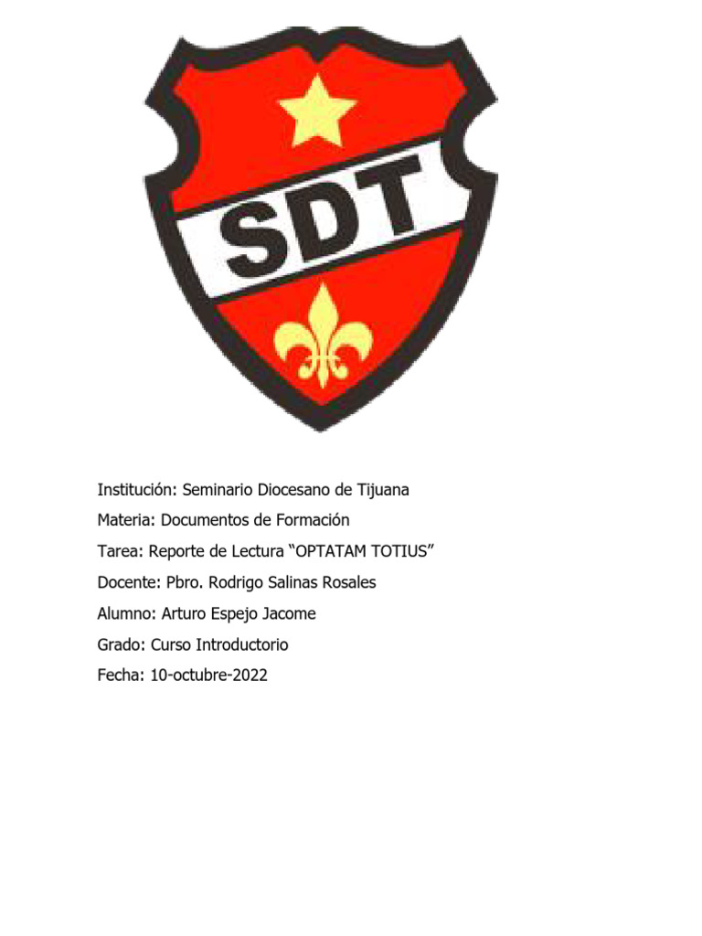 Reporte de Lectura "OPTATAM TOTIUS" | PDF | Sacerdote | Seminario