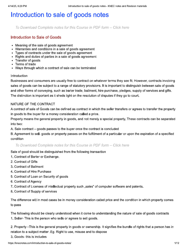 Introduction To Sale of Goods Notes - KNEC Notes and Revision Materials ...