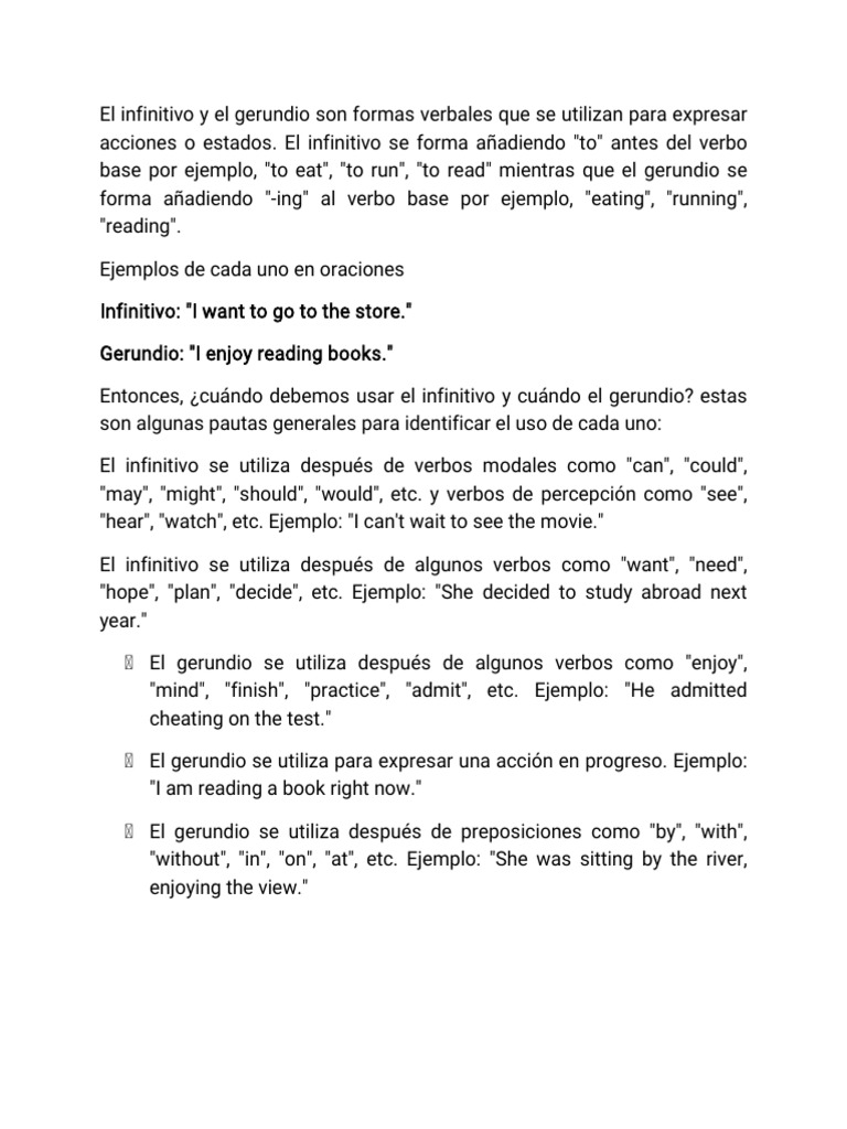 Uso del Infinitivo y Gerundio en Inglés | PDF
