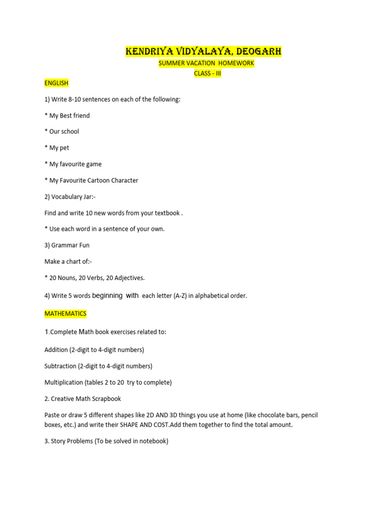Holiday Homework Class-Iii | PDF | Mathematics | Linguistics